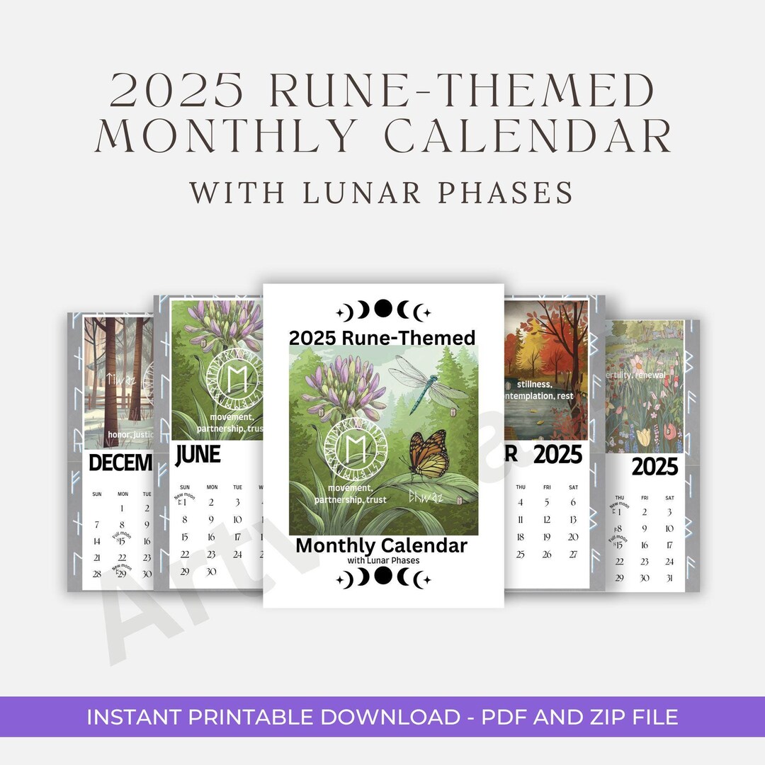 2025 Rune-themed Monthly Calendar With Lunar Phases Printable Instant ...