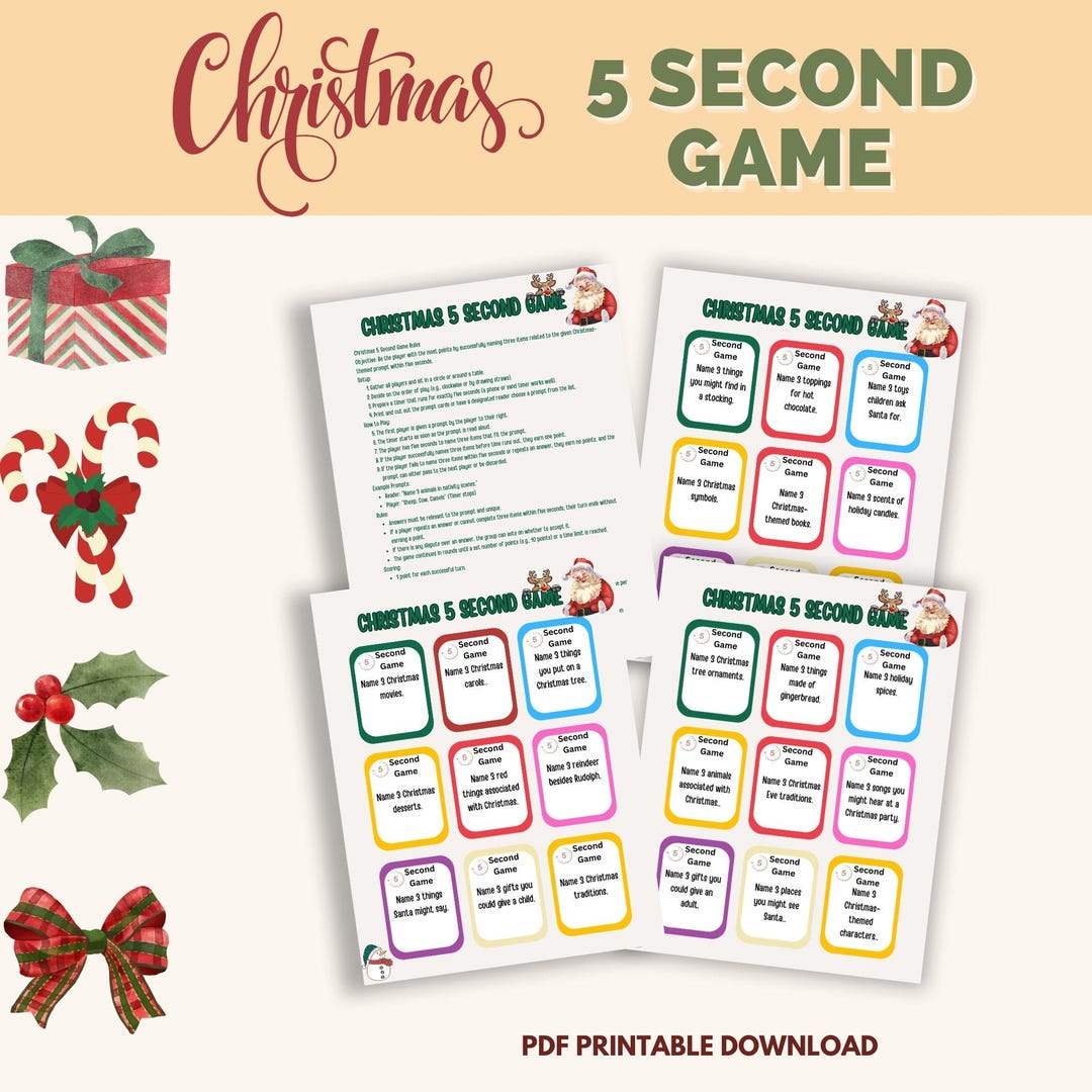 Christmas 5 Second Game Fun Printable Holiday Party Game for Kids ...