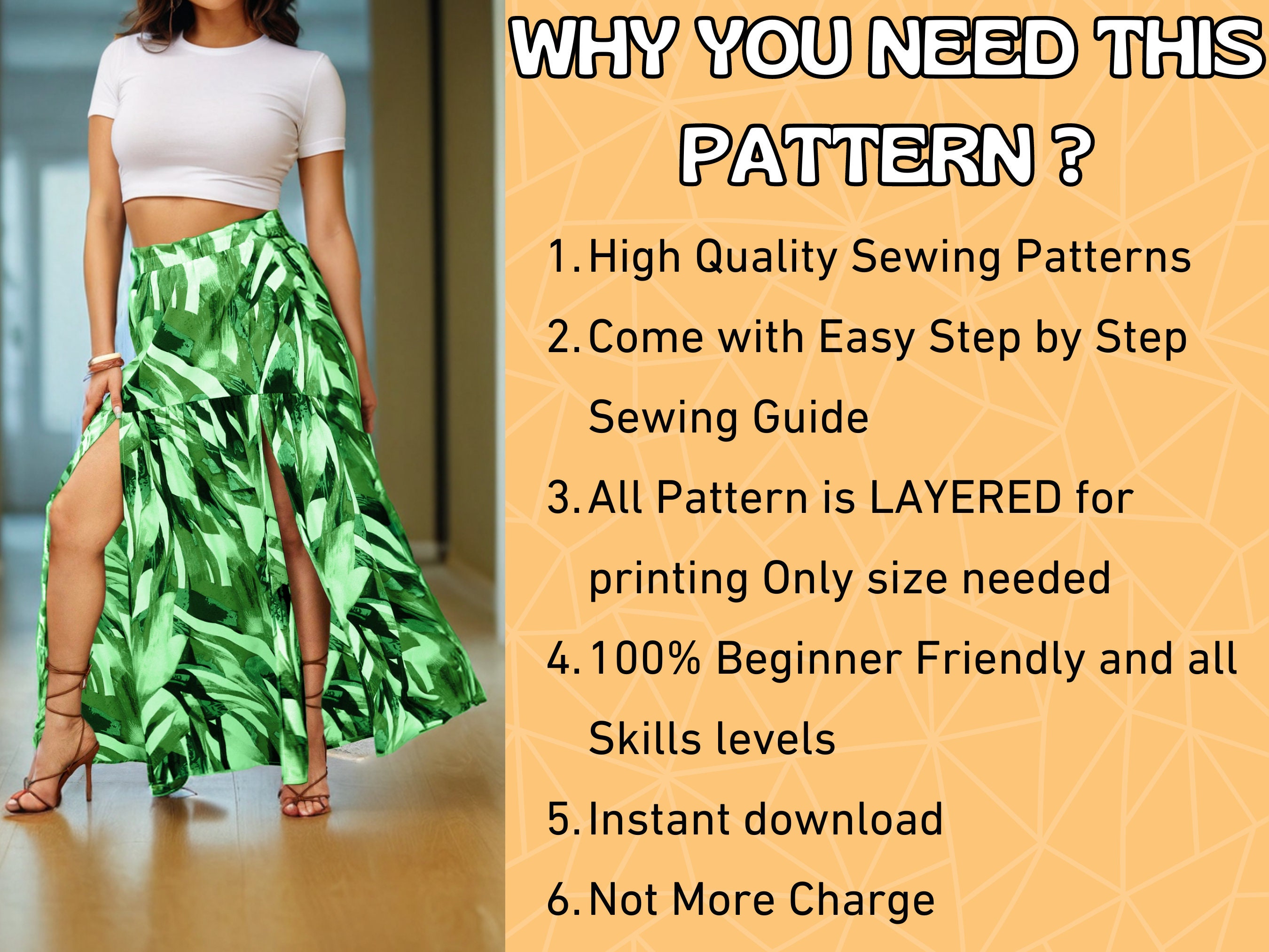 Maxi Slit Skirt Pattern, Long Double Slit Skirt Pattern PDF, Women Easy ...