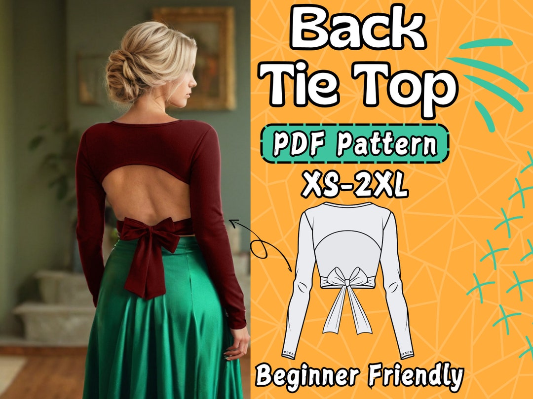 Back Tie Top Sewing Pattern PDF, Easy Sleeved Open Back Womens Crop Top ...
