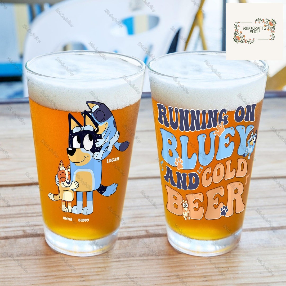 Personalized Running on Bluey and Cold Beer Beer Glass, Bluey Family ...