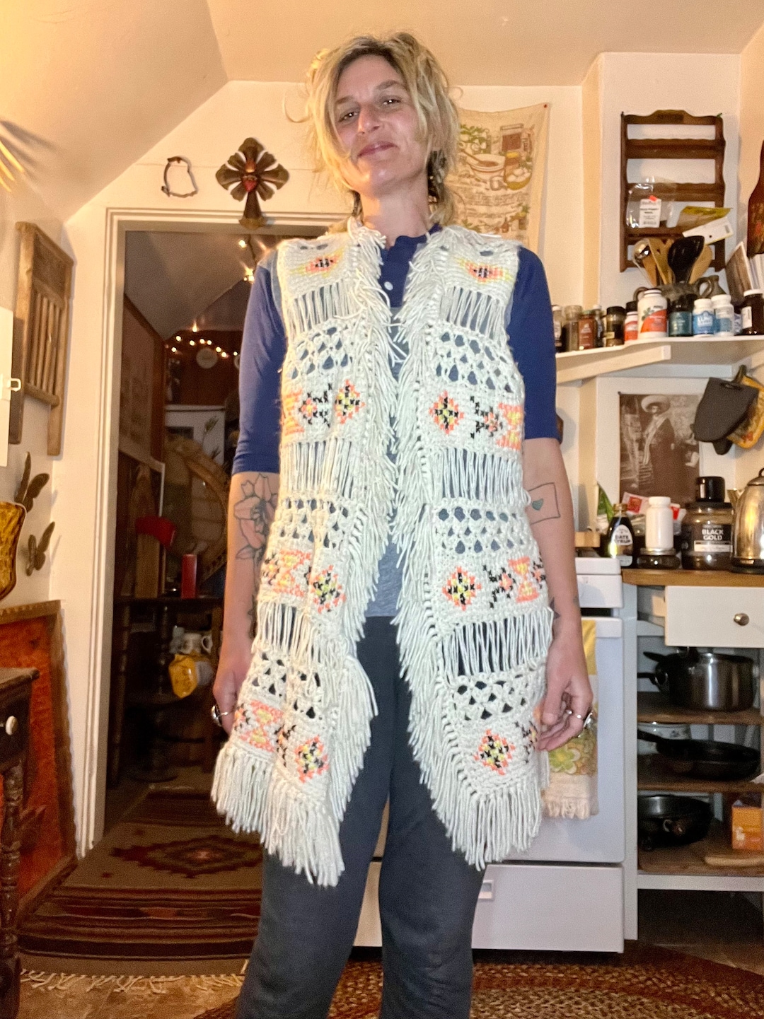 Unbranded Vintage 1960s/70s Floral Crochet Hippie Boho Fringed Vest ...