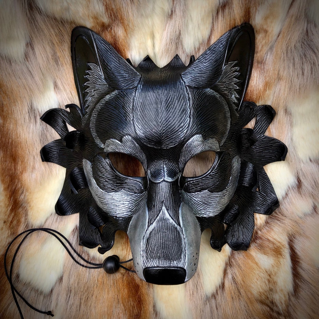 Hand Carved Leather Dire Wolf Mask: Black and Silver Masquerade Costume ...