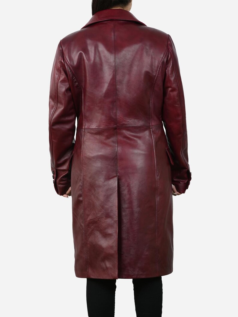 Petersign Women's 90's Vintage Women Burgundy Leather Trench Coat Ladies Maroon Leather Long ...