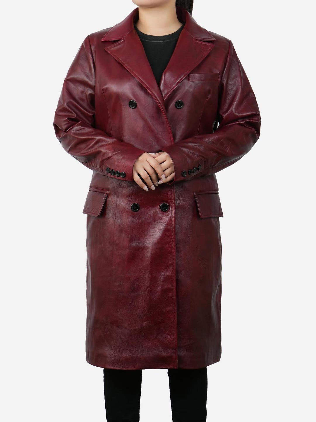 Petersign Women's 90's Vintage Women Burgundy Leather Trench Coat Ladies Maroon Leather Long ...