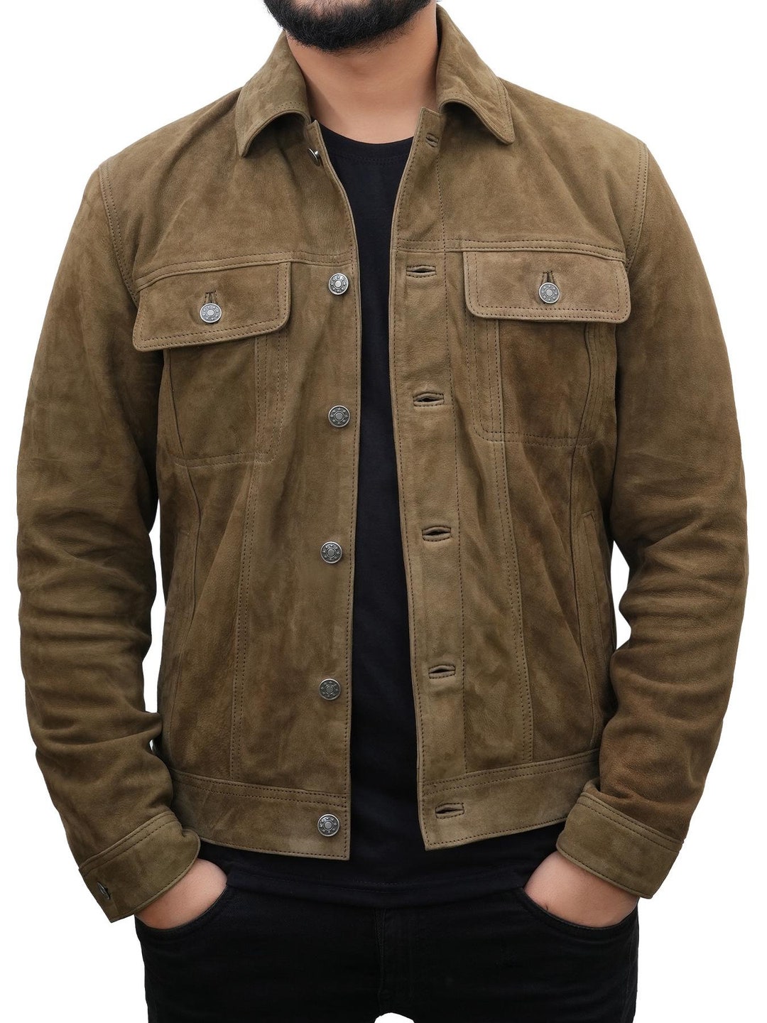 Petersign Men's Trucker Leather Jacket Olive Green Suede Leather Jacket ...