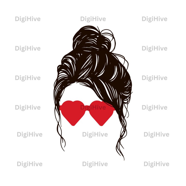 Girl Messy Hair Bun PNG, Red Heart Shaped Glasses JPG, Hand-drawn Women ...