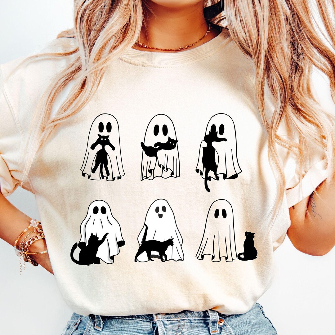 Cute Ghost Black Cat PNG Retro Halloween Cat Clipart Spooky Season ...