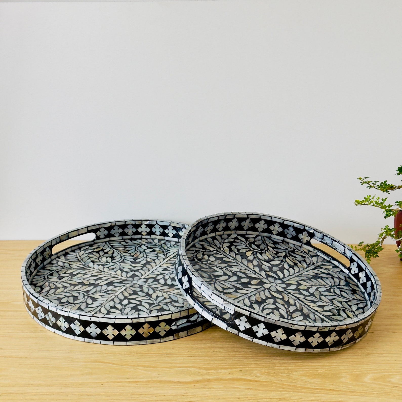 Mother of Pearl Shell Serving Tray Round Black Floral, Lacquer Wooden ...