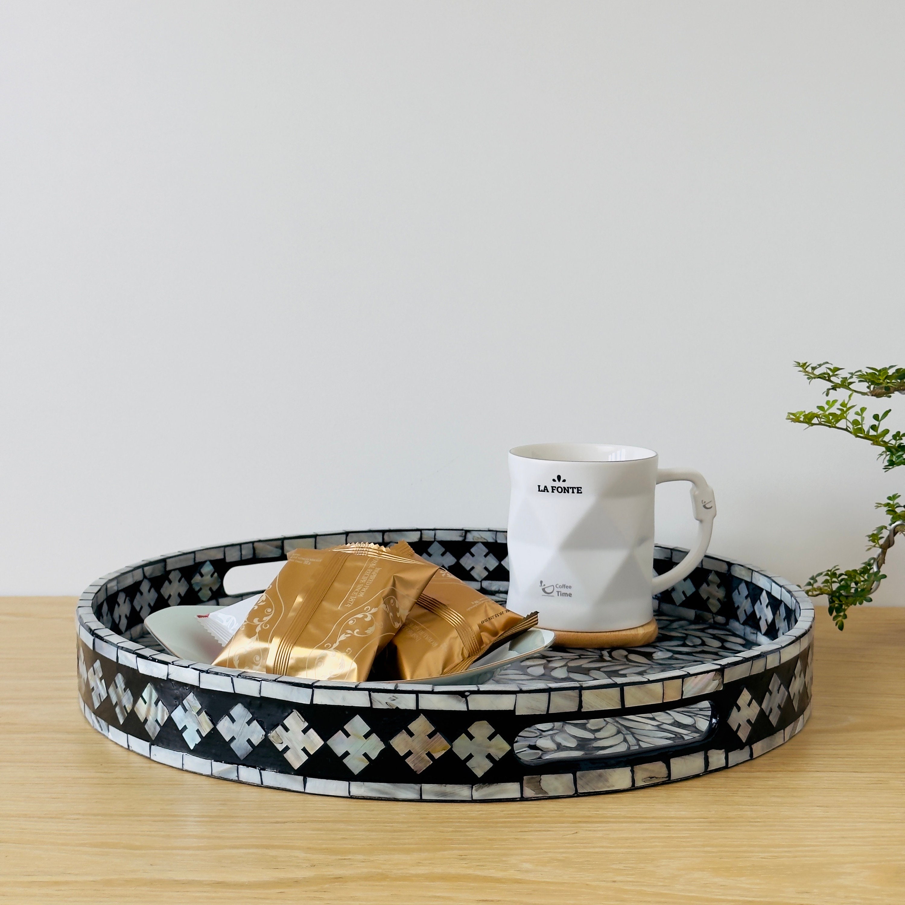 Mother of Pearl Shell Serving Tray Round Black Floral, Lacquer Wooden ...