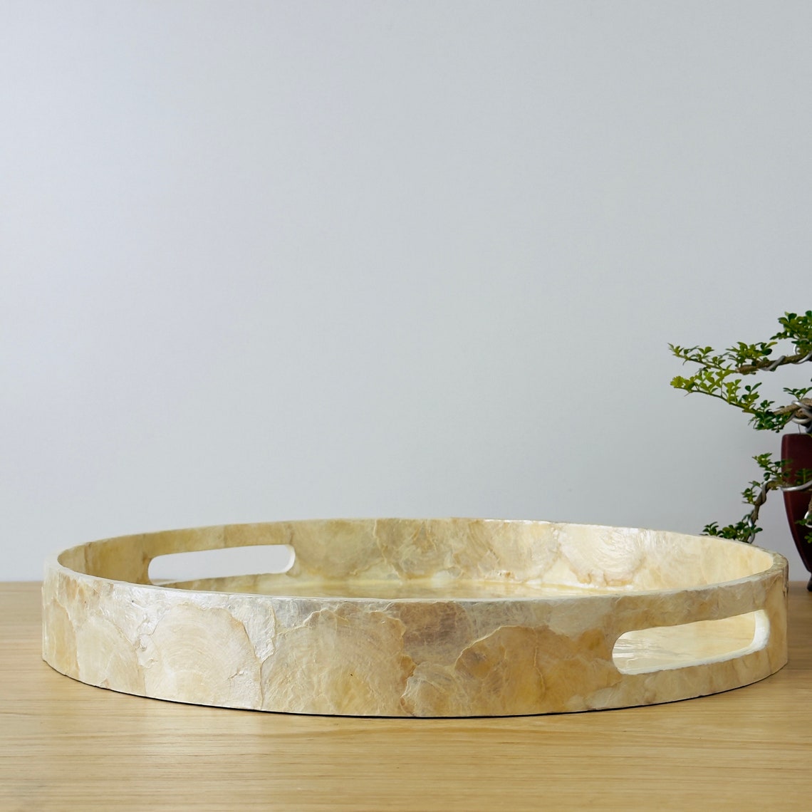 Round Gold Capiz Mother of Pearl Shell Serving Tray, Lacquer Wooden ...