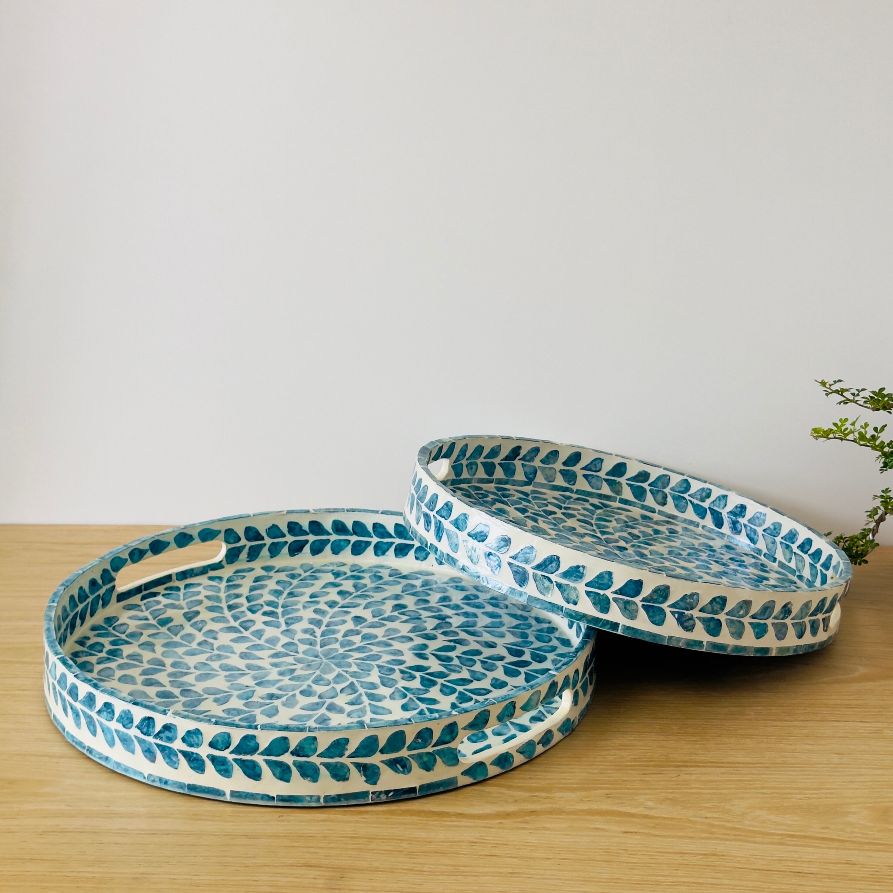 Creative Round Mother of Pearl Shell Serving Tray Lacquer Wooden ...