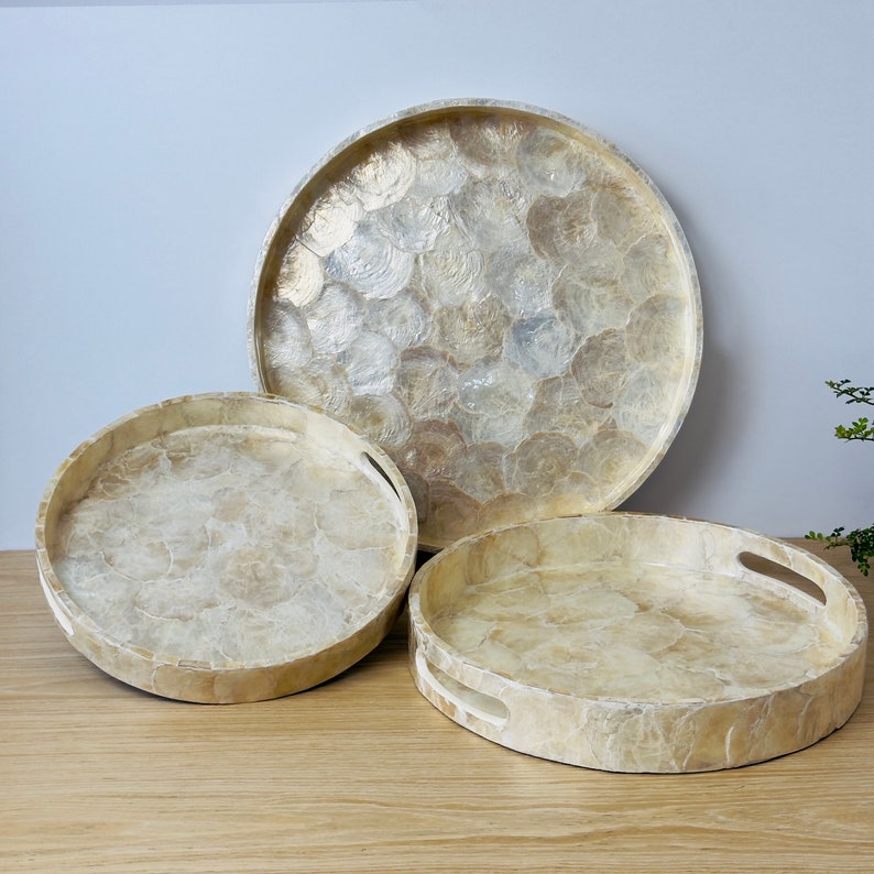 Round Gold Capiz Mother of Pearl Shell Serving Tray, Lacquer Wooden ...