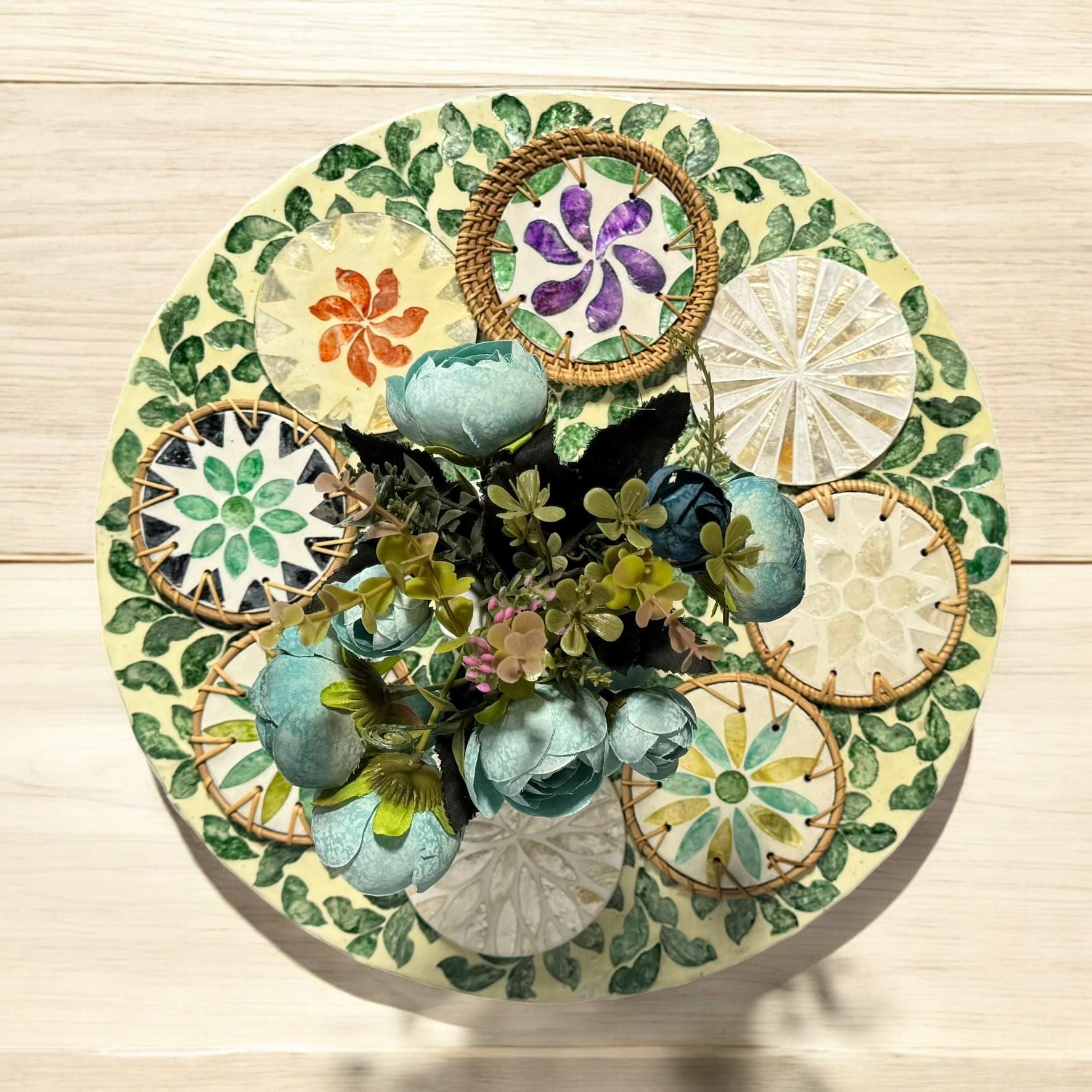 Handmade Mother of Pearl Inlay Lazy Susan, Green Leaf Pattern Spinning ...
