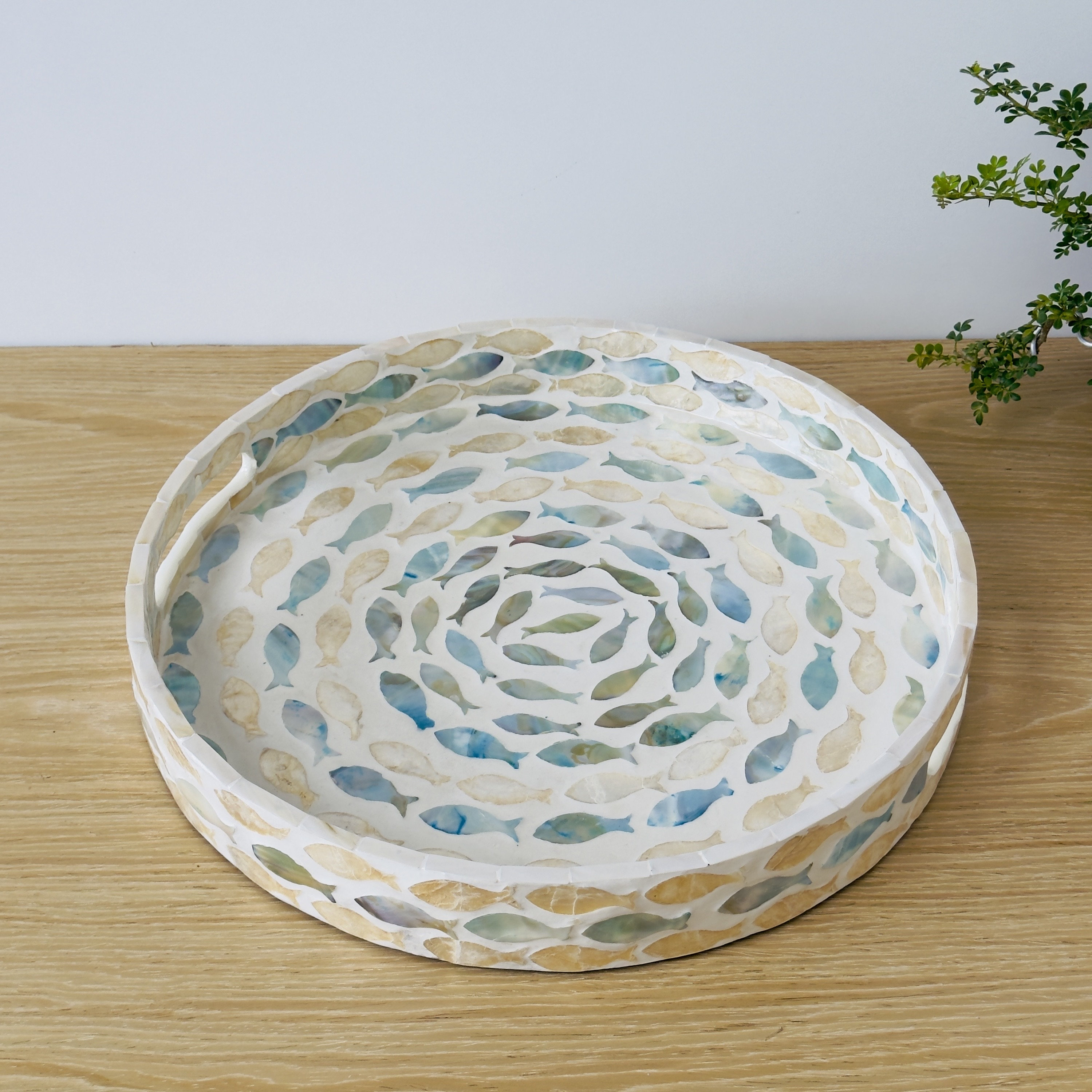 Round Mother of Pearl Shell Serving Tray Fish Pattern, Lacquer Wooden ...