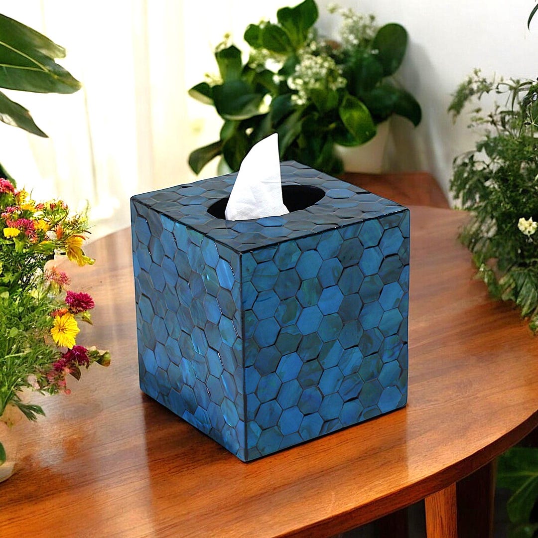 Lacquer Wooden Tissue Box Cover With Mother of Pearl Inlay Blue Square ...