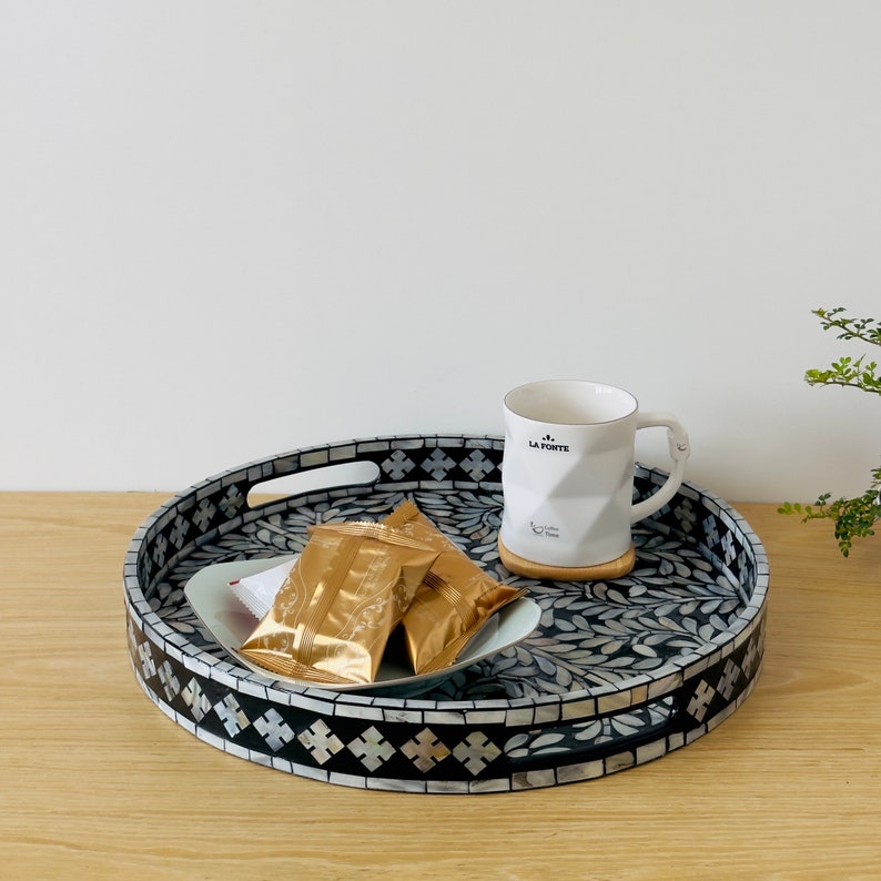 Mother of Pearl Shell Serving Tray Round Black Floral, Lacquer Wooden ...