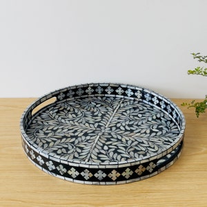 Mother of Pearl Shell Serving Tray Round Black Floral, Lacquer Wooden ...