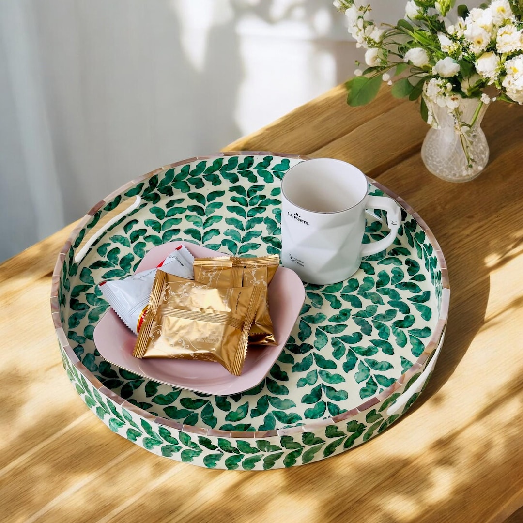 Creative Round Mother of Pearl Shell Serving Tray, Lacquer Wooden ...
