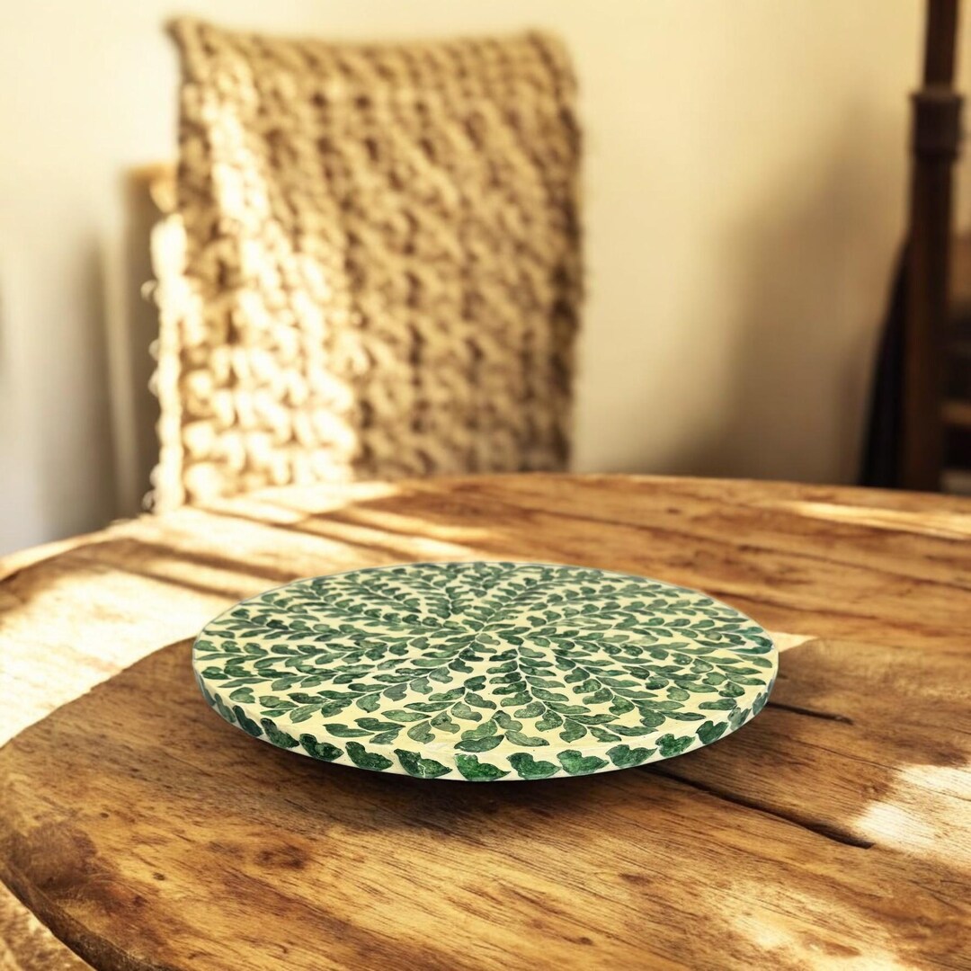 Handmade Mother of Pearl Inlay Lazy Susan, Green Leaf Pattern Spinning ...