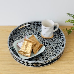 Mother of Pearl Shell Serving Tray Round Black Floral, Lacquer Wooden ...