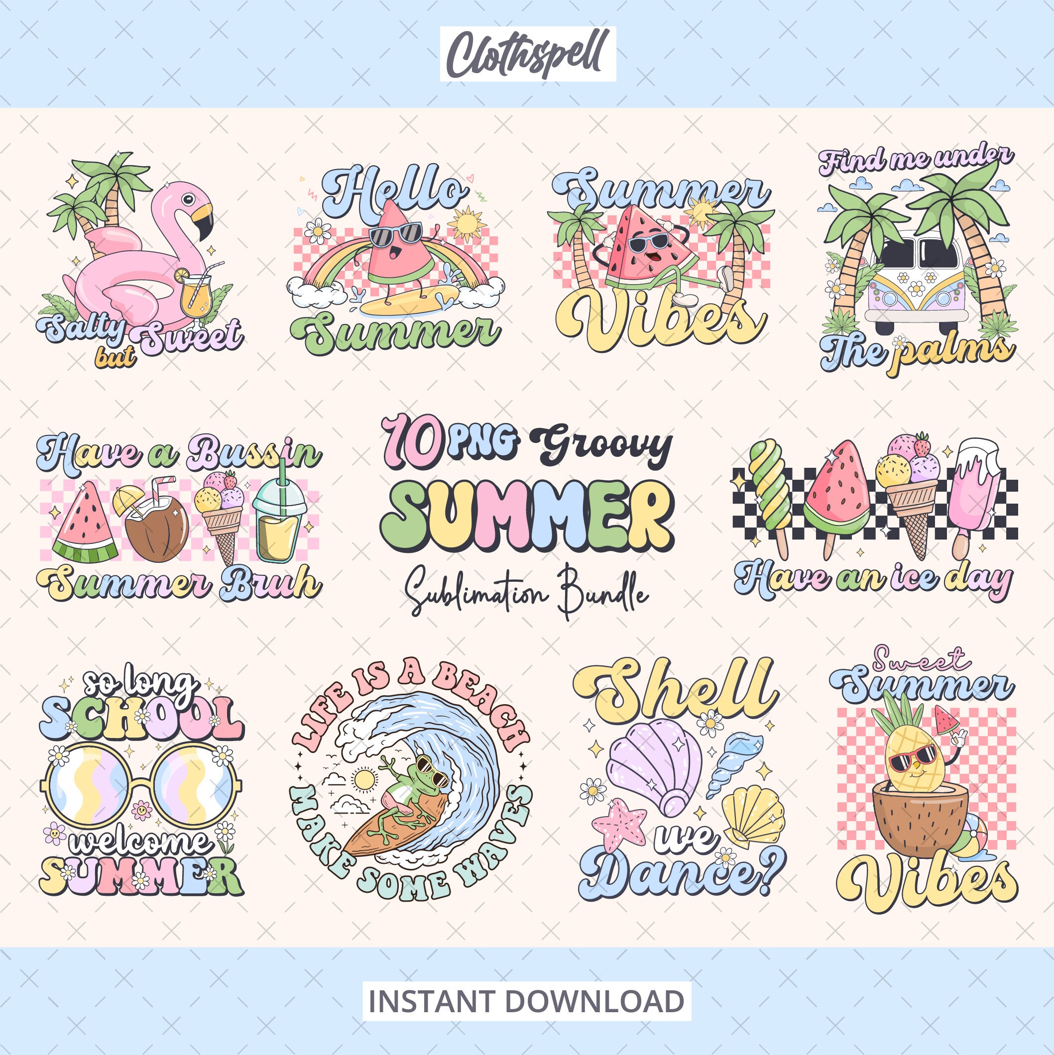 Summer PNG Bundle Groovy Summer Vibes Hello Summer PNG Sublimation ...