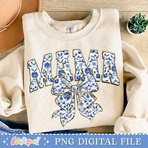 Mama Bow Png, Mama Coquette Bow Png, Mom Png, Blue Flowers Mama Bow Png ...