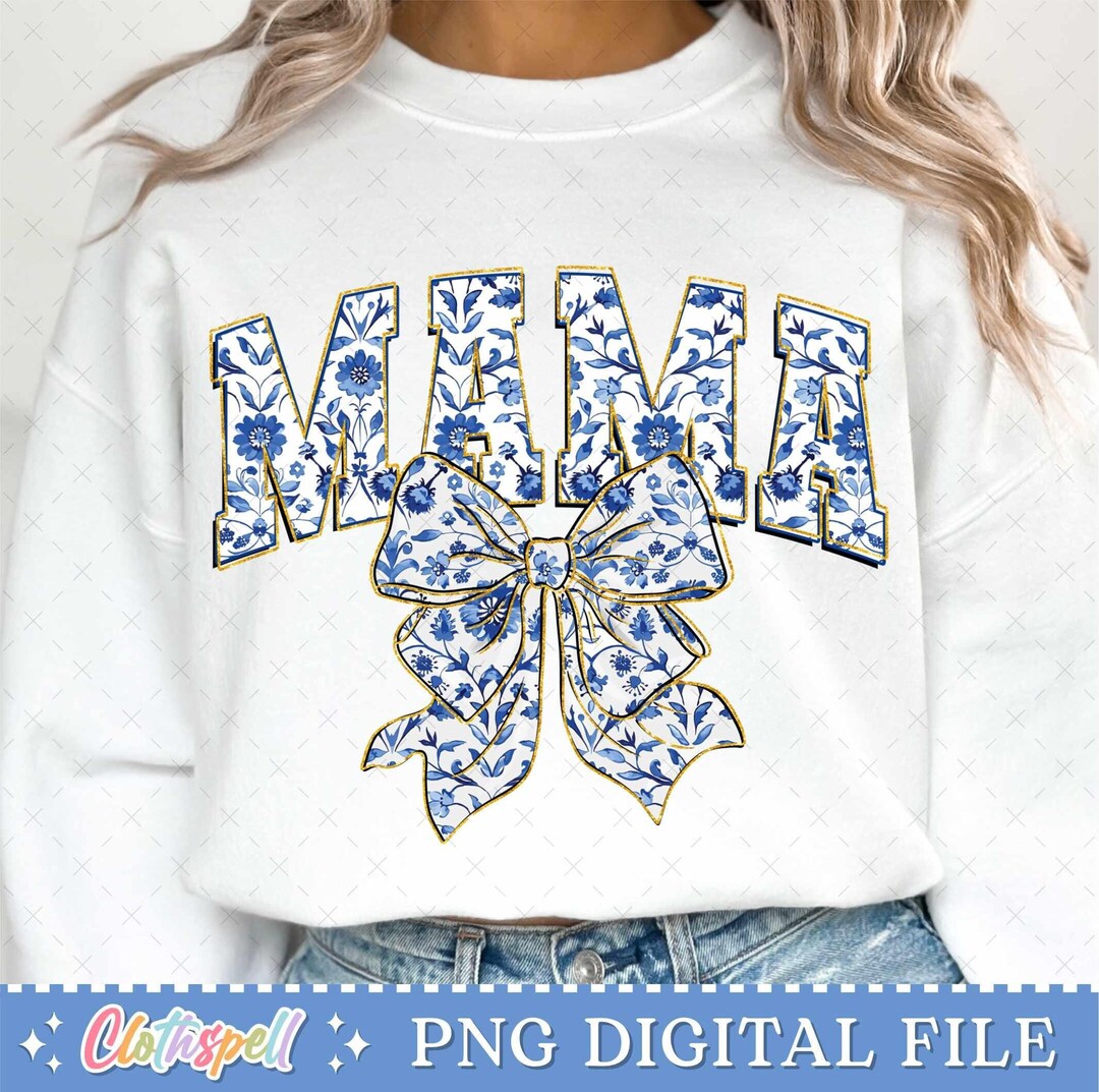 Mama Bow Png, Mama Coquette Bow Png, Mom Png, Blue Flowers Mama Bow Png ...