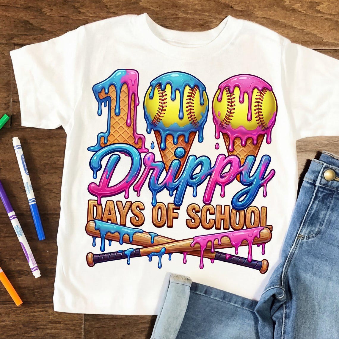 100 Drippy Days of School Png, 100 Days of School Png, Softball Png ...