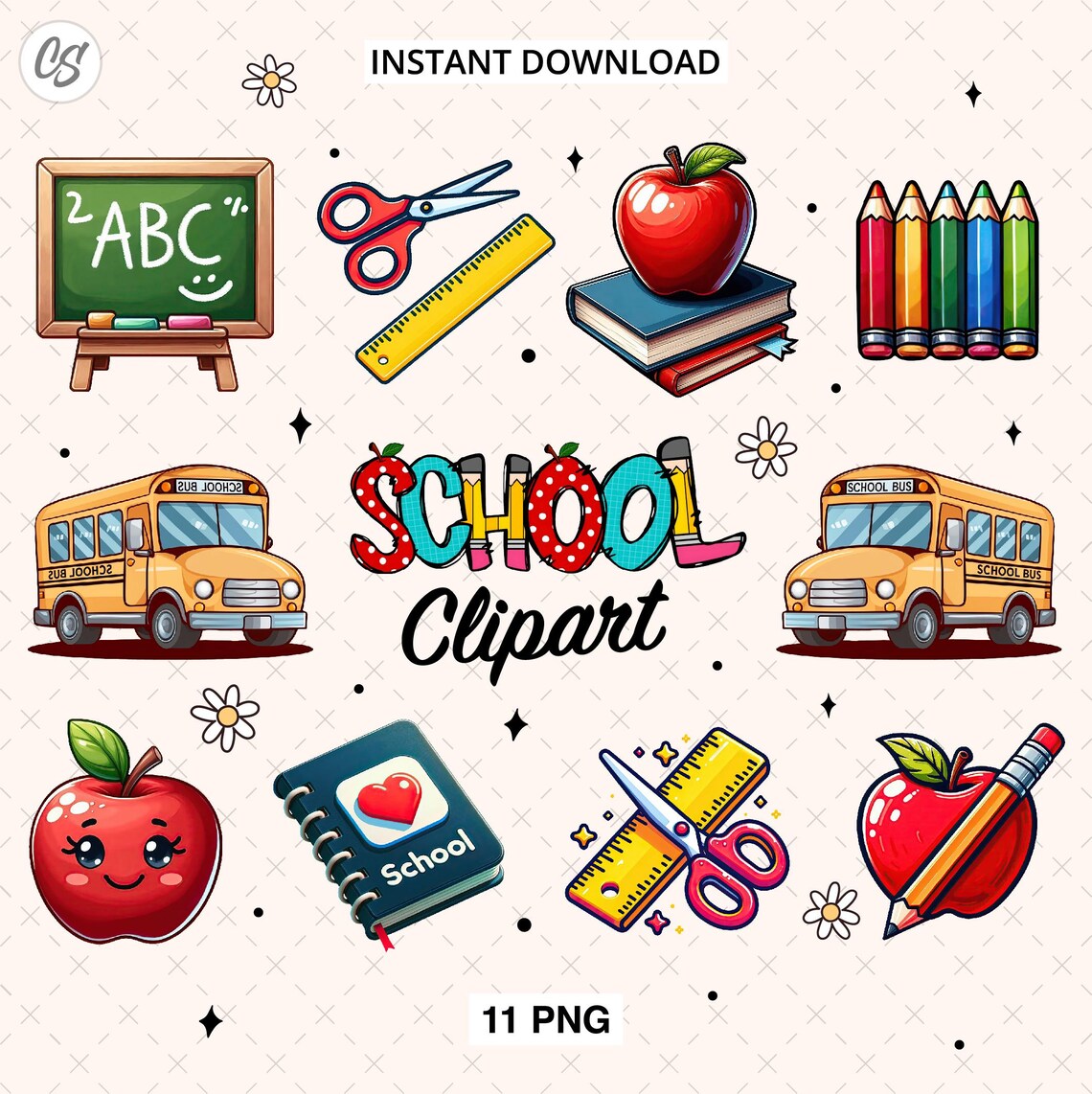 School Clipart Set Png Back to School Sublimation Supplies, Teacher ...