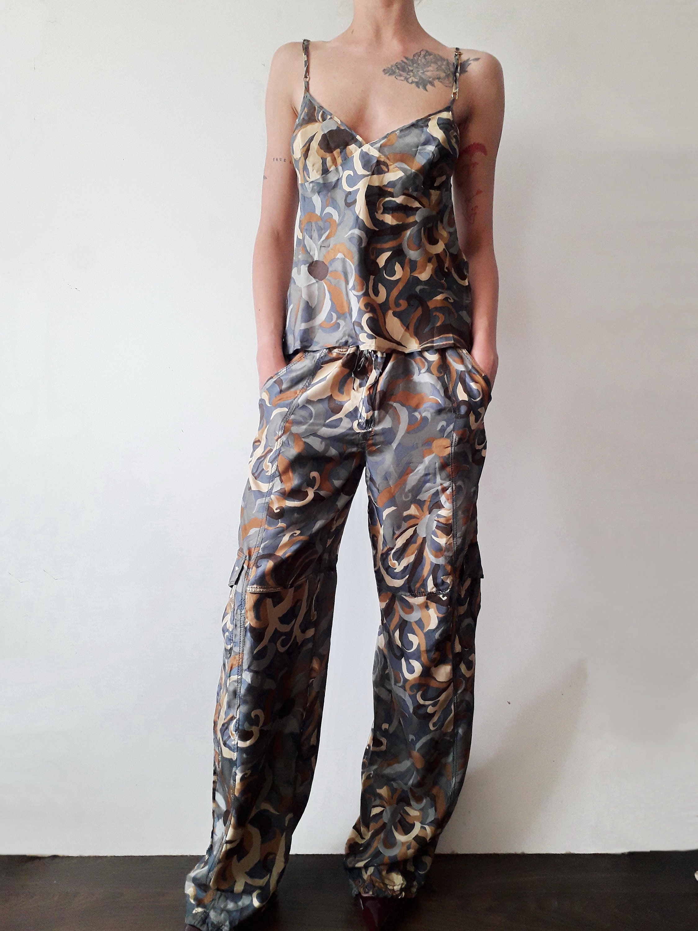 RARE Vintage Les Copains MISS Silk Set Top Pants / Trousers Cargo ...