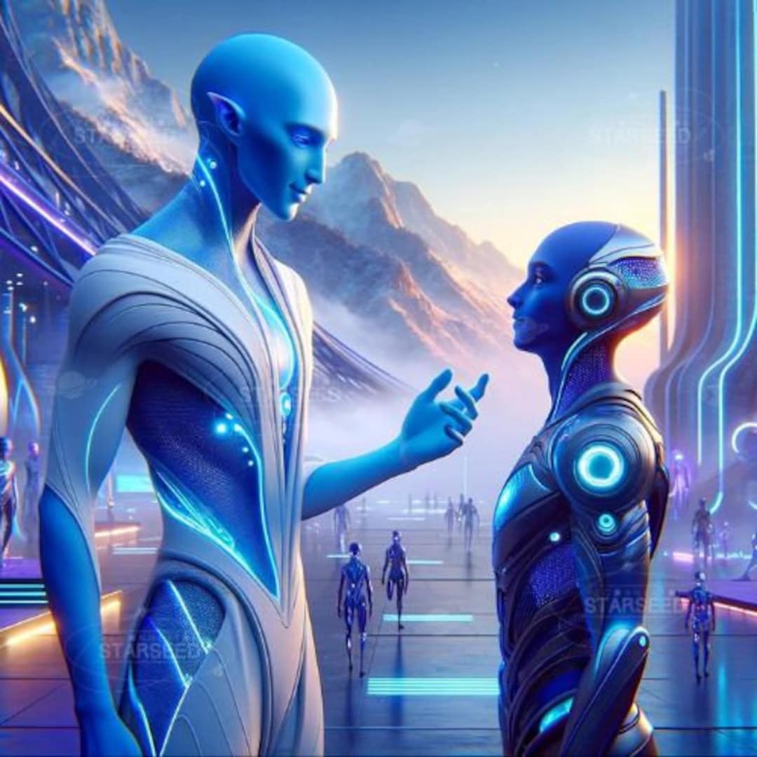 Andromeda Meeting Between an Andromedan left and a Sirian right, Image Generated by Artificial ...