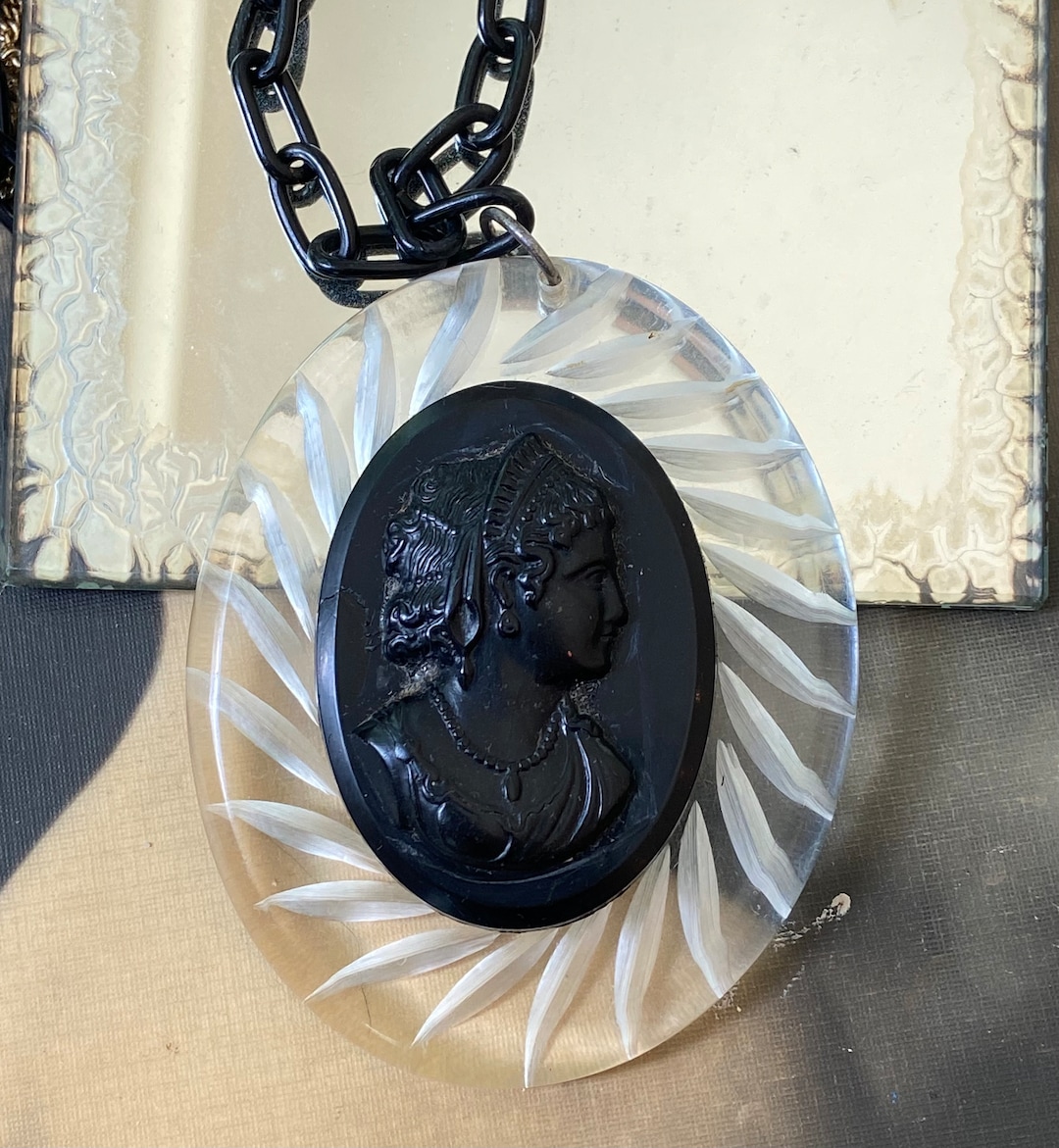 Vintage Lucite Black Plastic Cameo Pendant Necklace No Clasp - Etsy