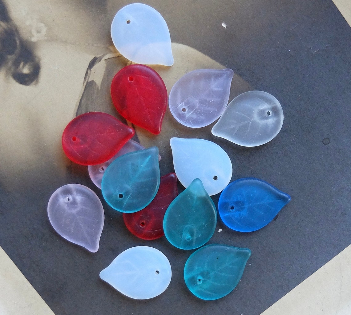 14 Glass Leaf Beads Czech Pressed Glass Leaves Beads | Etsy