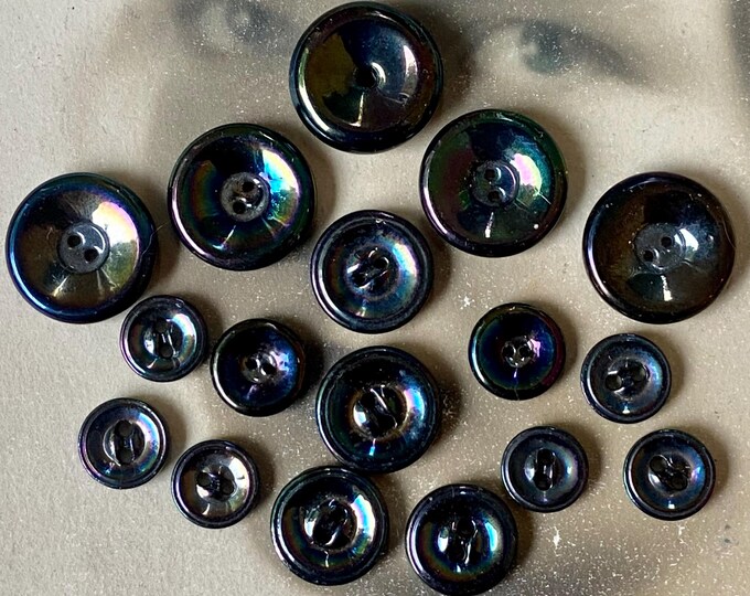 17 Vintage Black Glass Buttons Iridescent Two Hole 1900s - Etsy