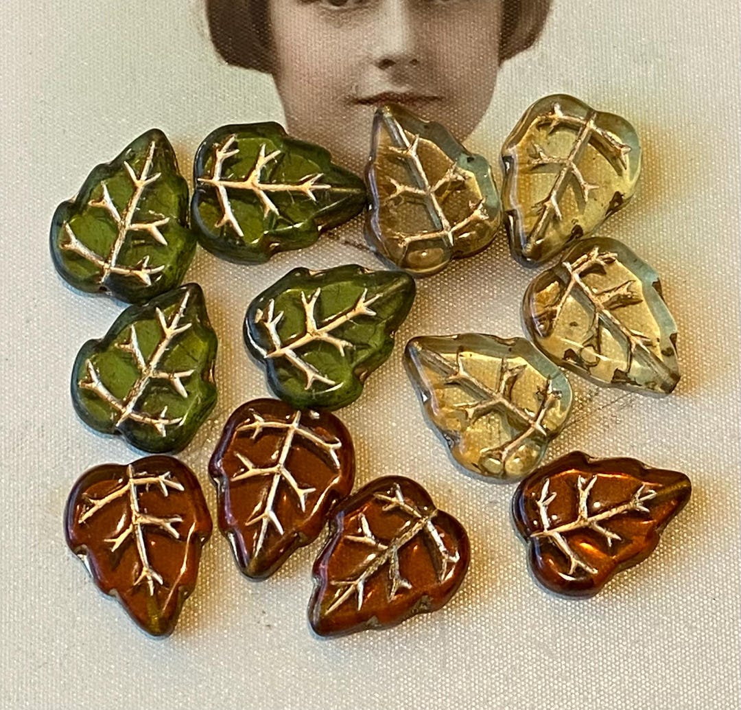 12 Glass Leaf Beads Assortment Colors Fall Veined Czech Pressed Glass ...