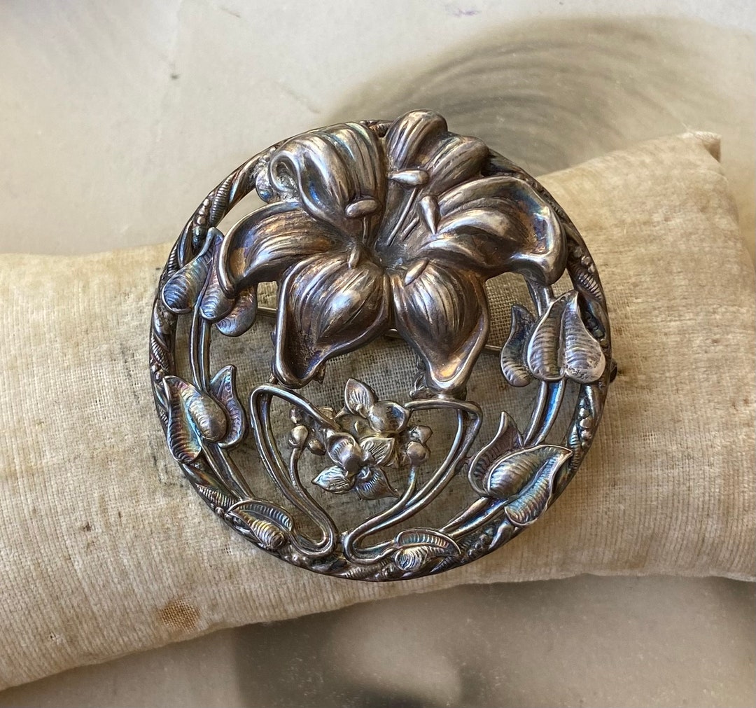 Vintage Sterling Large Floral Pin Round - Etsy