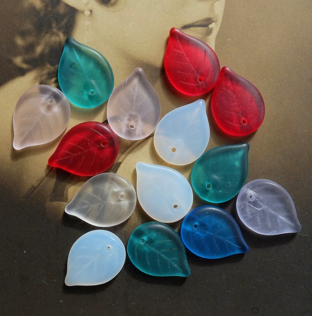 14 Glass Leaf Beads Czech Pressed Glass Leaves Beads - Etsy