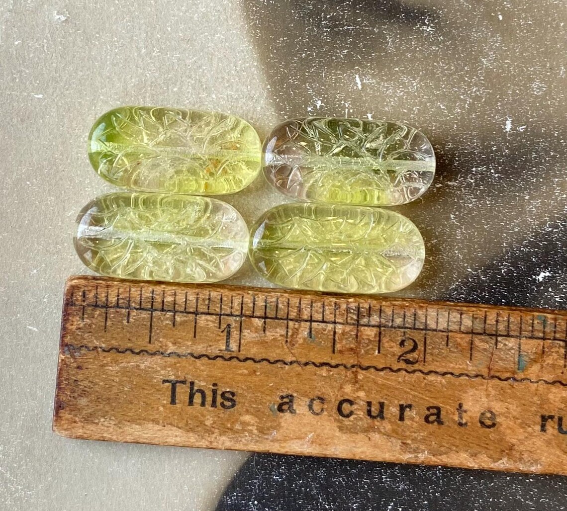 4 Vintage Uranium Glass Beads Tablet Stylized Floral Design Czech - Etsy