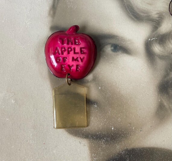 Vintage Celluloid Apple Pin Hollow Photo Pin Keepsake - Gem