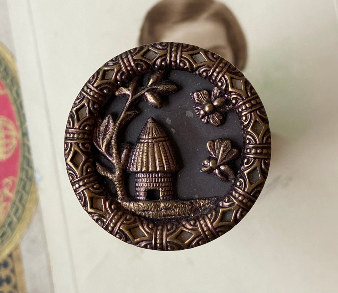 Antique Bee Hive Metal Brass Button Pictoral Victorian Bee Skep Beehive ...