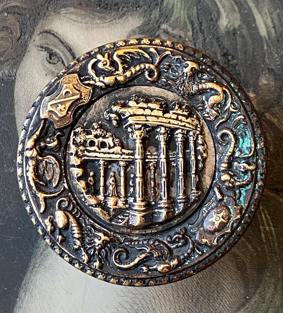 1 Antique Button Victorian Temple Ruins Building Mythological Creatures ...