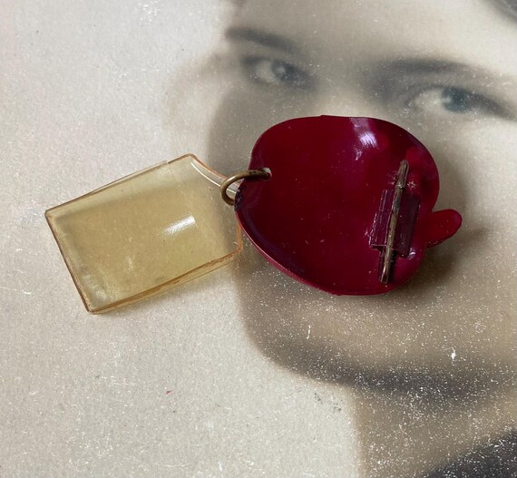 Vintage Celluloid Apple Pin Hollow Photo Pin Keepsake - Gem