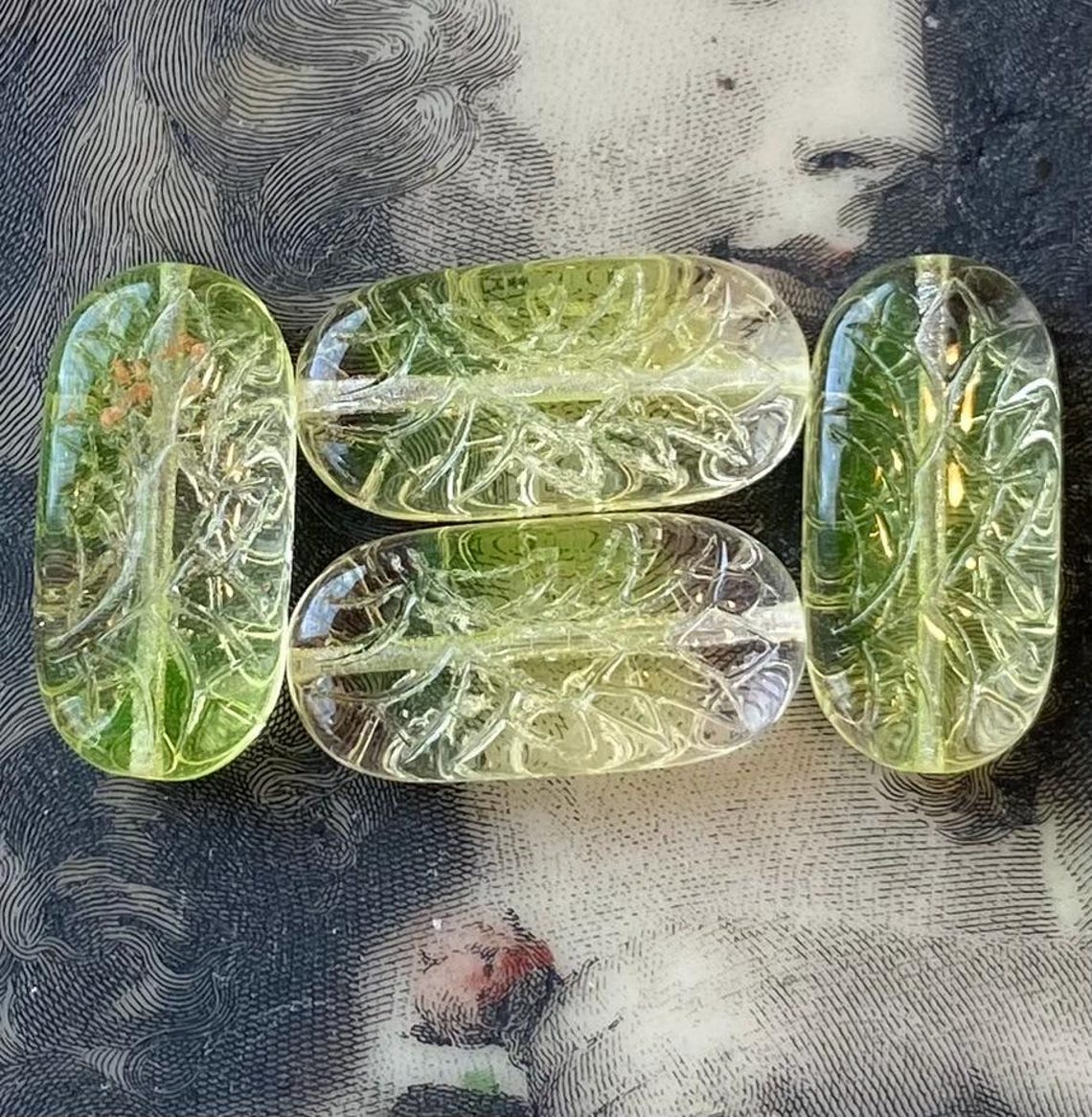 4 Vintage Uranium Glass Beads Tablet Stylized Floral Design Czech - Etsy