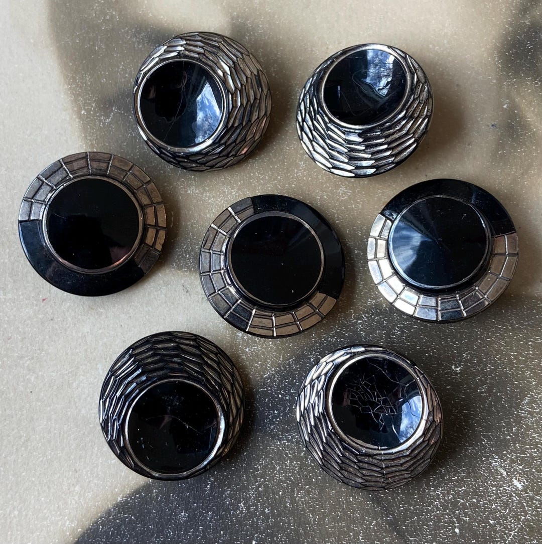 7 Vintage Black Glass Buttons Silver Accent Box Shanks Ges Gesch - Etsy
