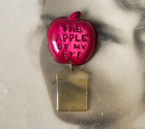 Vintage Celluloid Apple Pin Hollow Photo Pin Keepsake - Gem