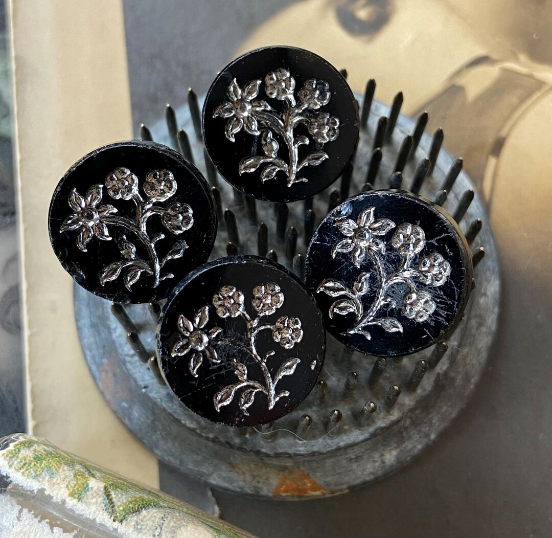 Vintage Sm Black Glass Buttons Set of 4 Flowers - Etsy