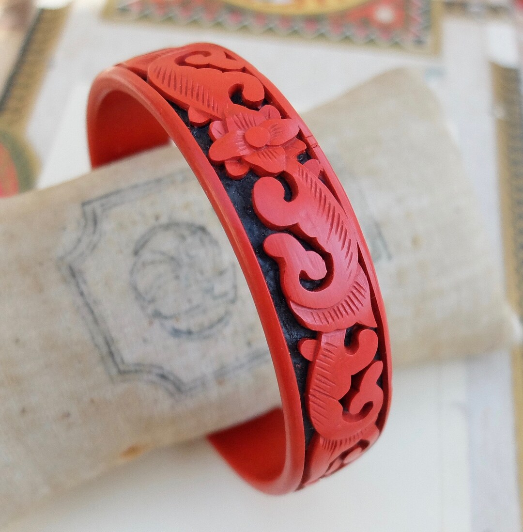 Vintage Cinnabar Bangle Bracelet Carved - Etsy