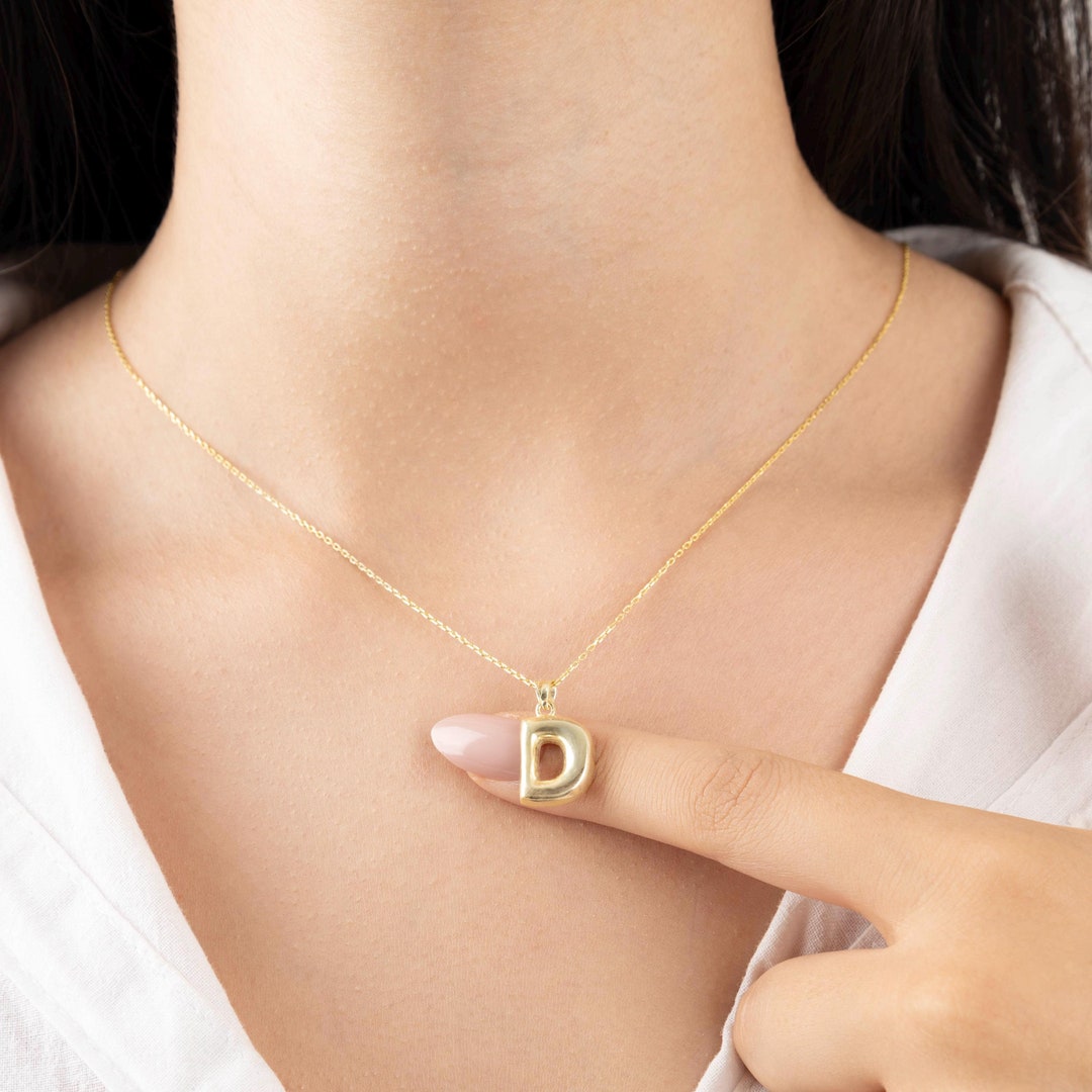 14k Gold Bubble Letter Name Necklace, Balloon Alphabet Pendant Necklace ...