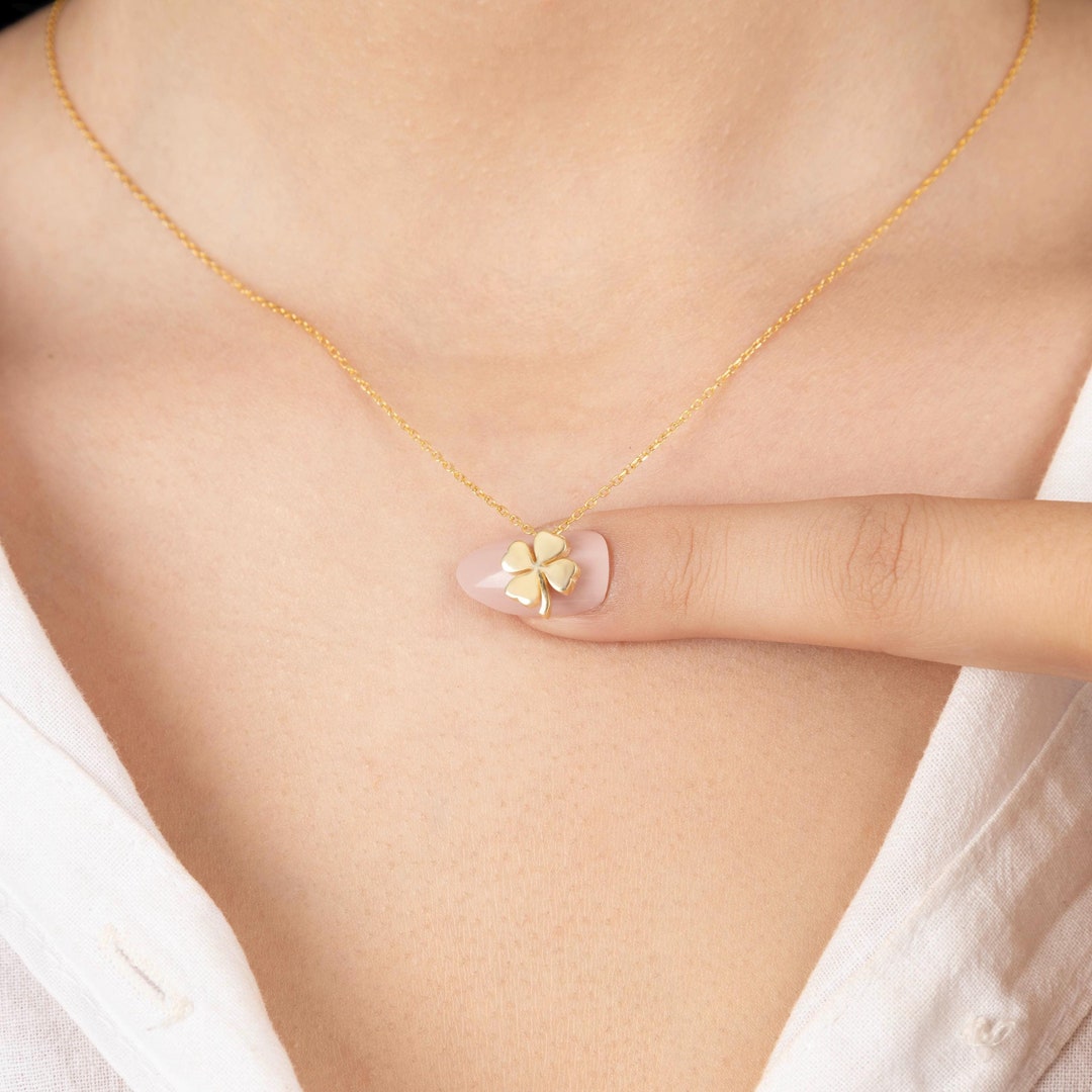 14k Gold 4 Leaf Clover Pendant Necklace, Gold Four Leaf Necklace, Lucky ...